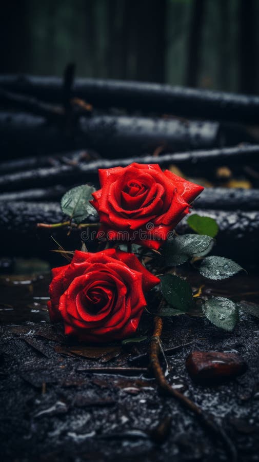 Two Red Roses Sitting on the Ground in the Rain Stock Illustration ...