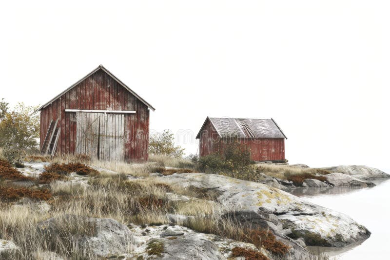 Two Red Shacks on a Rocky Shore, Perfect for Coastal Themes Stock Image ...