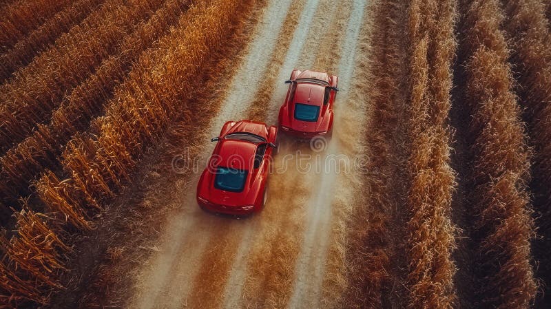Two Red Sports Cars Driving through a Dusty Path between Tall ...