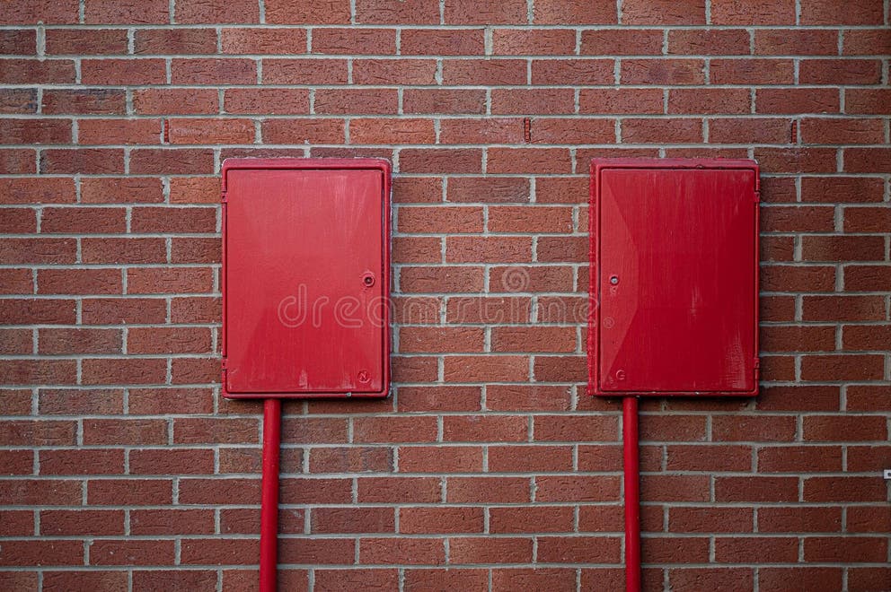 Two Red Square Boxes Affixed To a Brick Wall Stock Image - Image of ...