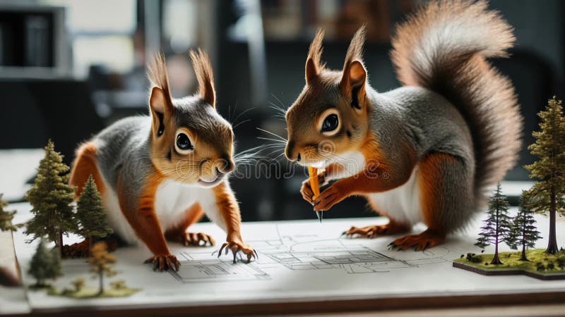 Two Red Squirrels Collaborating on Architectural Plans with Miniature ...