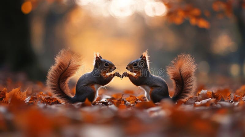 Two Red Squirrels Meet in Autumn Leaves Stock Illustration - Illustration of friendly, wildlife ...