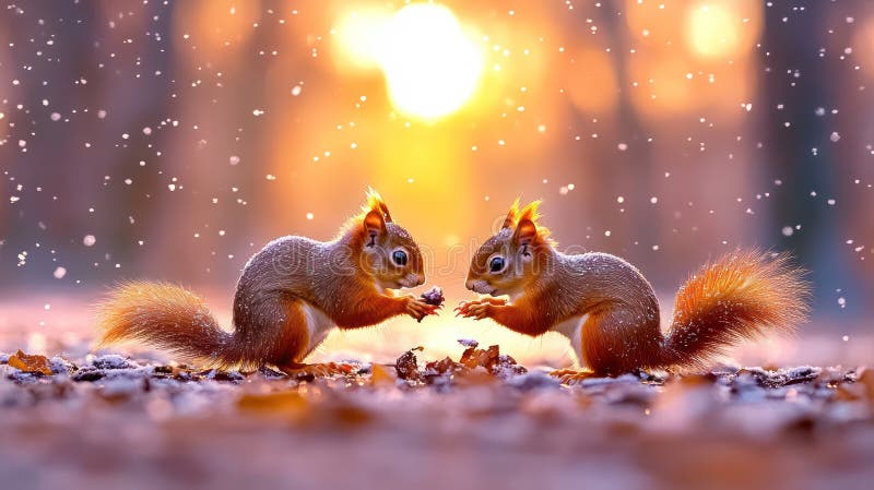 Two Red Squirrels Playing in Winter Forest Stock Illustration ...