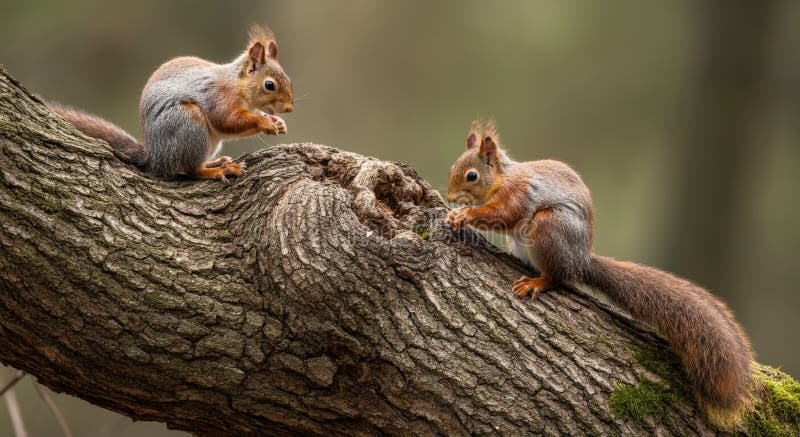 Two Red Squirrels Perched on a Tree Branch, Showcasing Their Bushy ...