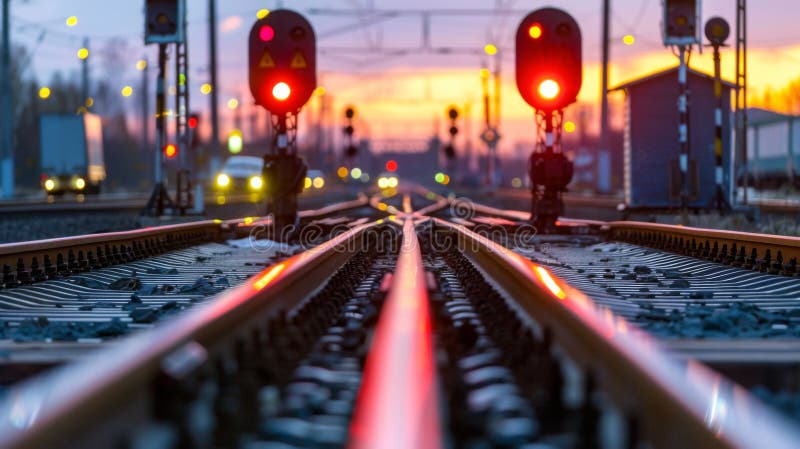 Train Track with Two Red Stop Lights Stock Image - Image of track ...