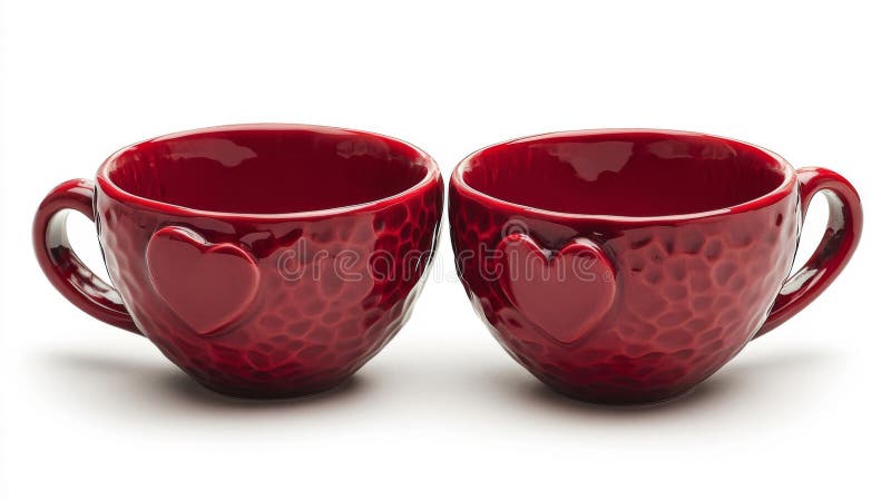 Two Red Textured Ceramic Cups Adorned with Heart Shapes on a White ...