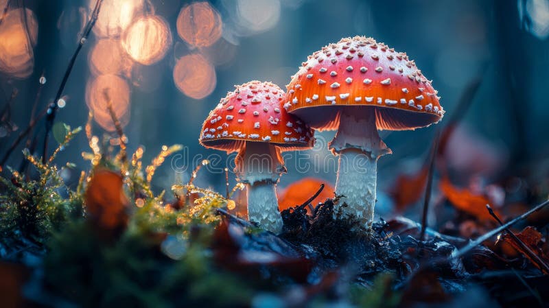 Two Red Toadstools in a Magical Forest Setting Stock Image - Image of ...