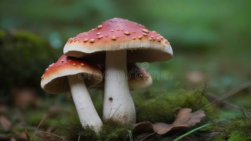 Two Red Toadstools with White Spots Growing in Moss Stock Illustration ...
