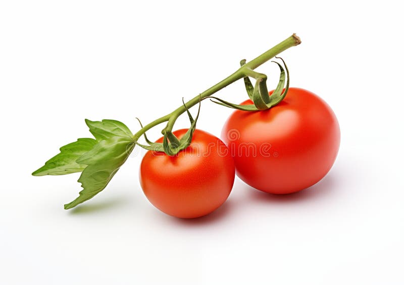 Two Red Tomatoes with Green Leaves on White Background Stock ...
