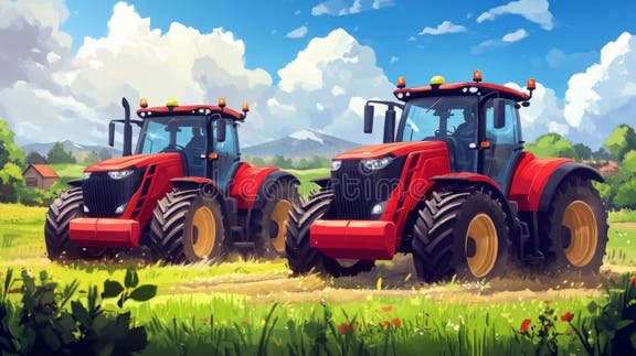 Two Red Tractors on a Farmland Path Stock Illustration - Illustration ...