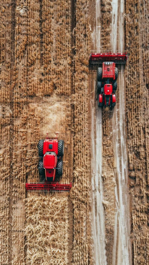 Two Red Tractors Harvest Crops in a Field, Seen from Above Stock Image ...