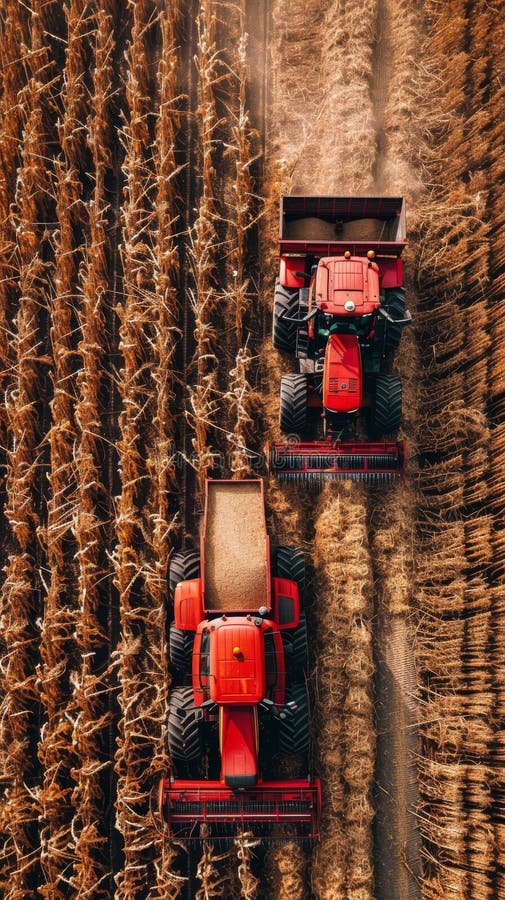 Two Red Tractors with Large Trailers are Harvesting Corn in a Field ...