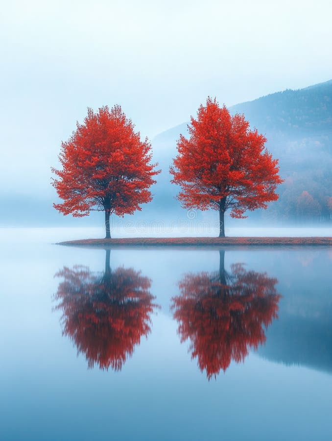 Two Red Trees on Lake stock photo. Image of generated - 378673022