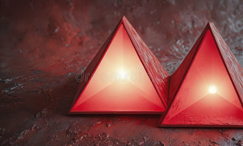 Two Red Triangular Lamps with Glowing Light Bulbs are Arranged ...