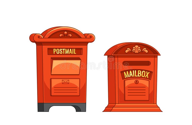 Two Red Vintage British Mailboxes with Ornate Designs, Labeled Postmail ...