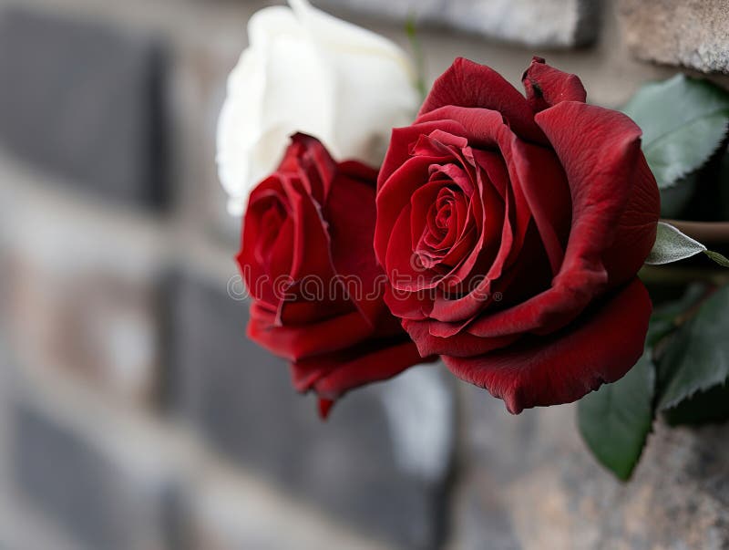 Two Red and White Roses Sitting Next To Each Other on a Brick Wall ...