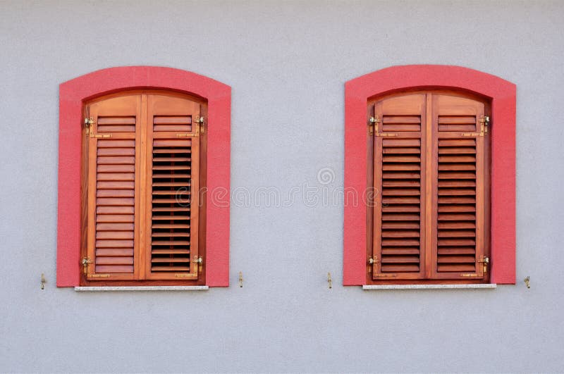Red Windows on Wooden Wall of Traditional Cottage Stock Image - Image ...