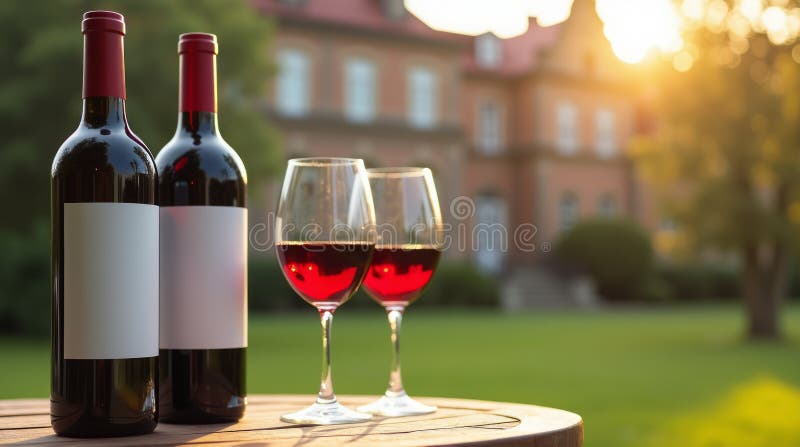 Two Red Wine Bottles with Blank Labels on a Wooden Table Outdoors Stock ...