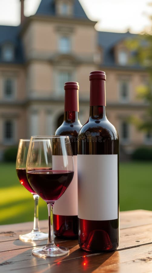 Two Red Wine Bottles with Blank Labels on a Wooden Table Outdoors Stock ...
