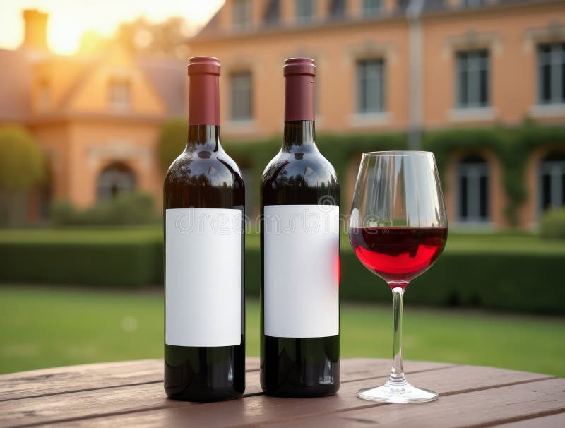 Two Red Wine Bottles with Blank Labels on a Wooden Table Outdoors Stock ...