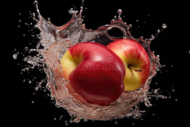 Two Red and Yellow Apples Creating a Splash in Clear Water Against a Black Background Stock ...