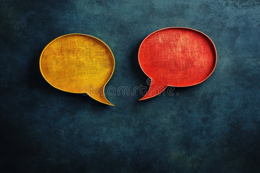 Two Red and Yellow Speech Bubbles on a Blue Background Stock ...