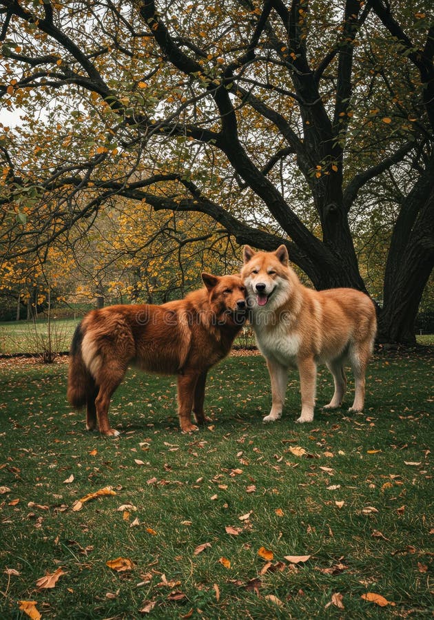 Two Reddish Brown Dogs Cuddle Under Autumn Tree Stock Illustration ...