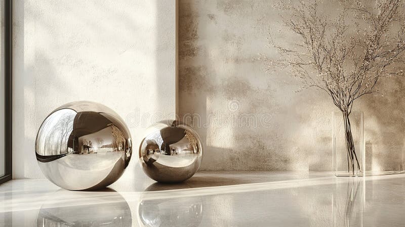 Two Reflective Chrome Spheres in a Minimalist Interior with a Textured ...