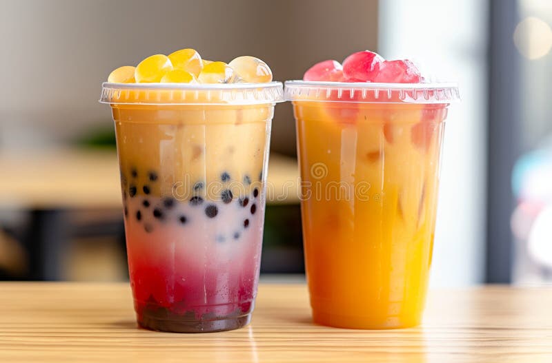 Two Refreshing Bubble Tea Drinks Waiting on a Table Stock Image - Image ...