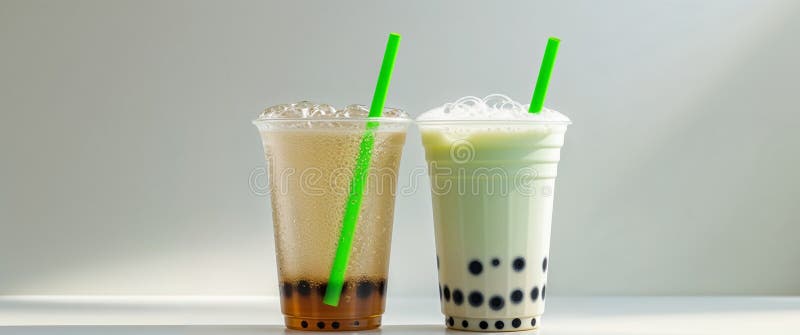 Two Refreshing Bubble Teas with Green Straws Stock Photo - Image of ...