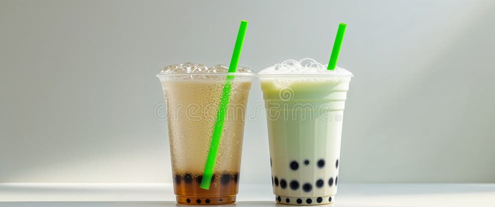 Two Refreshing Bubble Teas with Green Straws Stock Photo - Image of sitting, beverages: 369260568