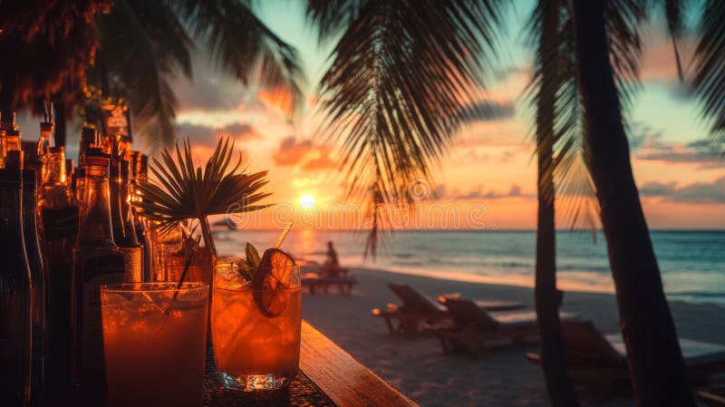 Two Refreshing Cocktails on a Beach Bar Counter at Sunset Stock ...