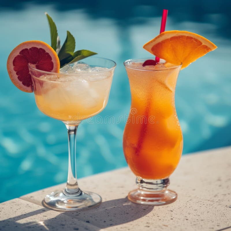 Two Refreshing Cocktails by the Pool, Garnished with Citrus Slices ...