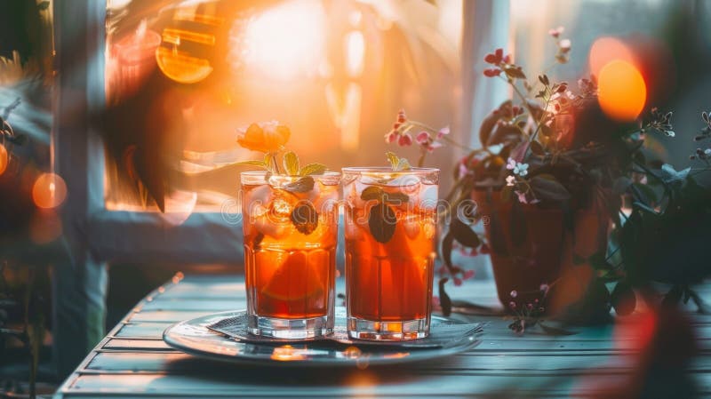 Two Refreshing Drinks Ice Mint Sunset Light Stock Photos - Free ...