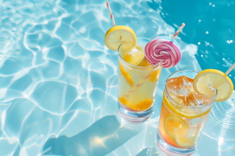 Two Refreshing Drinks with Lemon and Ice, Garnished with a Lollipop ...
