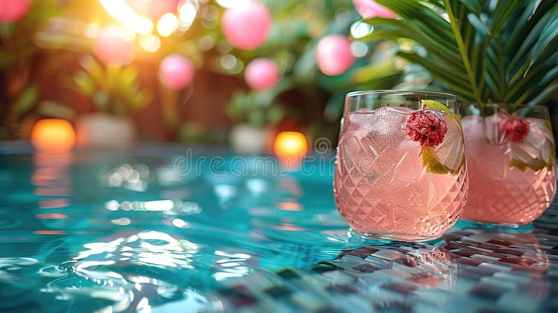 Two Refreshing Drinks Near Poolside, Summer Party Stock Illustration ...