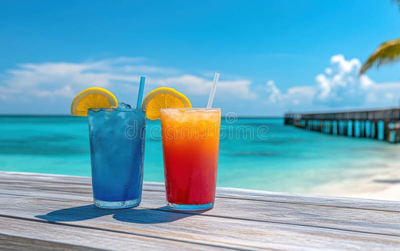 Two Refreshing Drinks on a Table beside the Ocean, Inviting Relaxation ...