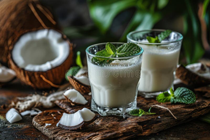 Two Refreshing Glasses of Coconut Milk Served in a Coconut Shell Stock ...