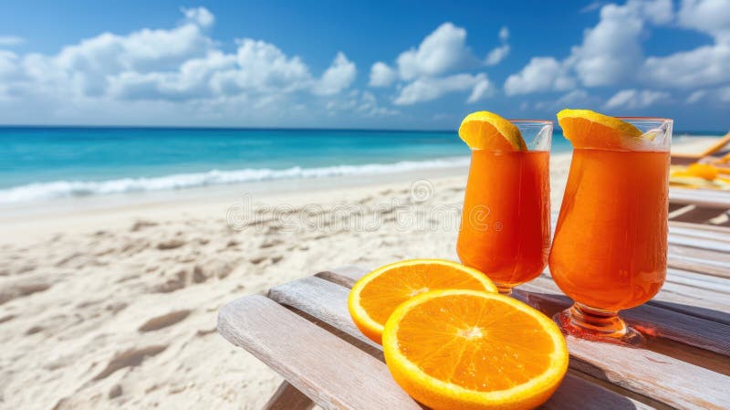 Two Refreshing Glasses of Orange Juice Rest on a Sandy Beach Table ...