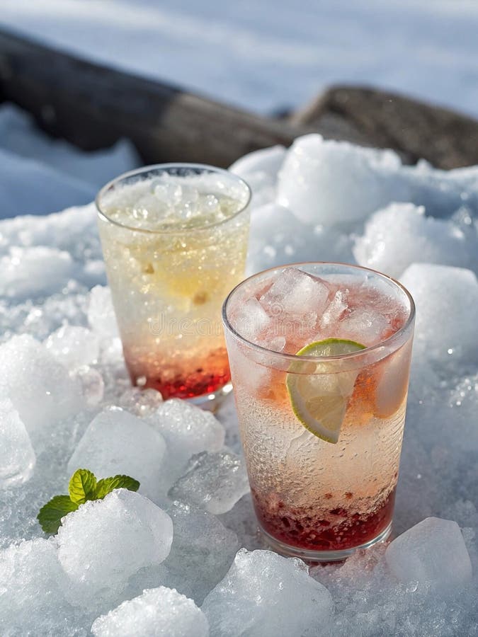 Two Refreshing Iced Drinks with Berries and Citrus, Nestled in Ice on a ...