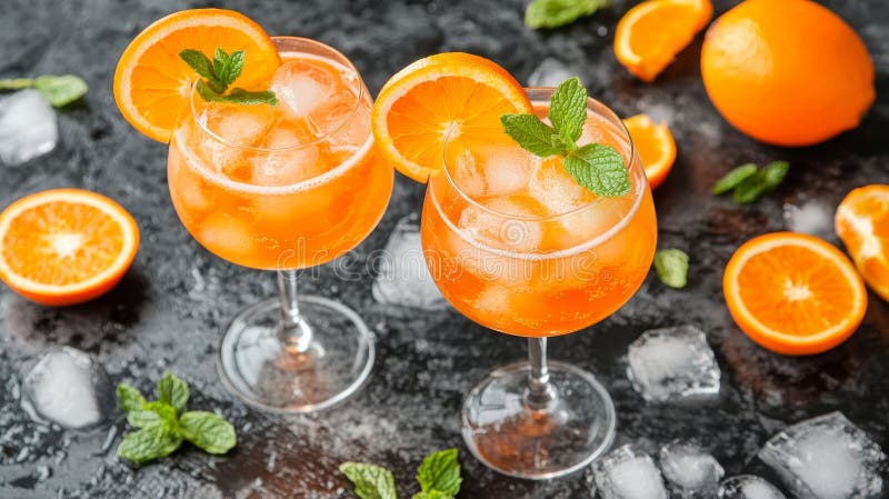 Two Refreshing Orange Cocktails Garnished with Mint and Citrus on a ...