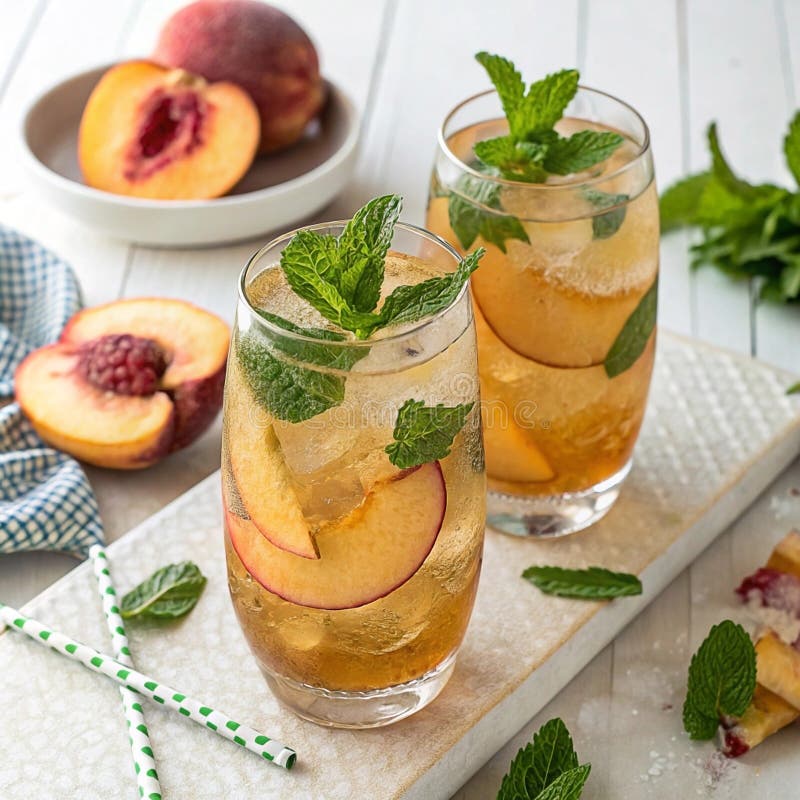 Two Refreshing Peach Iced Tea Drinks Garnished with Mint on a White ...