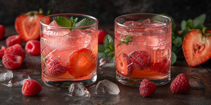 Two Refreshing Strawberry and Raspberry Drinks in Glasses with Ice ...