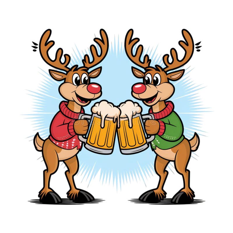 Two Reindeer are Clinking Beer Mugs Together Stock Image - Illustration ...