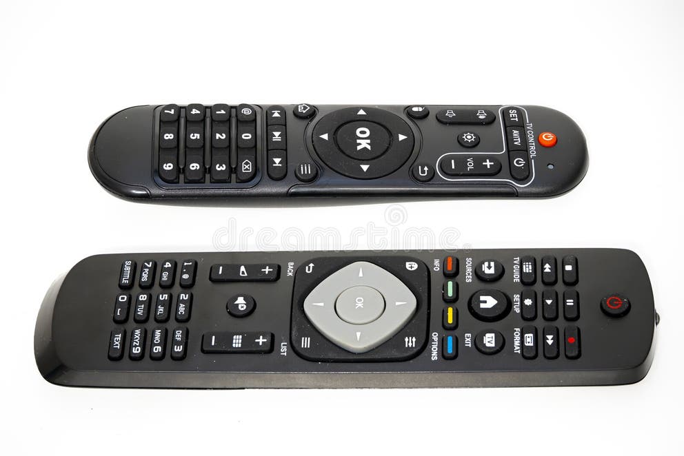 Two Remote Controls for Televisions and Devices on a White Background ...
