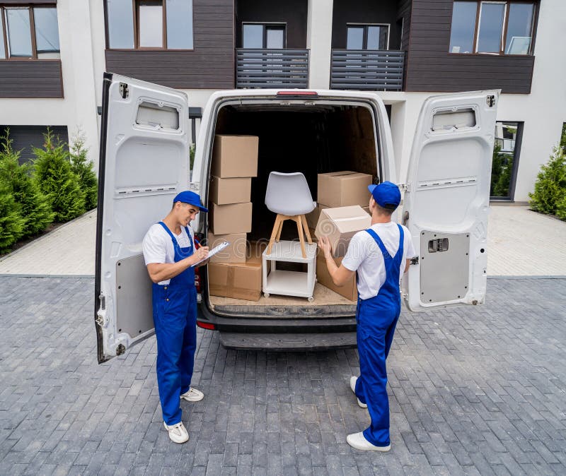 Two Removal Company Workers are Loading Boxes and Furniture into a ...