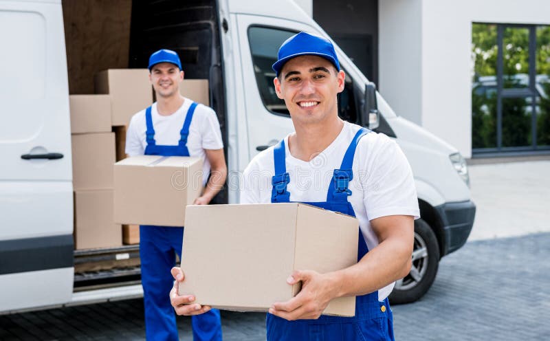 Two Removal Company Workers Unloading Boxes from Minibus into New Home ...