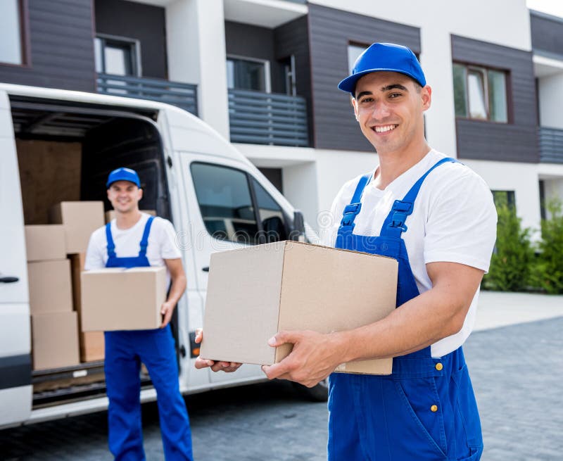 Two Removal Company Workers Unloading Boxes from Minibus into New Home ...