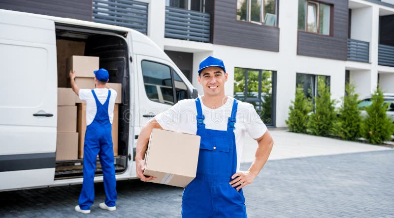 Two Removal Company Workers Unloading Boxes from Minibus into New Home ...