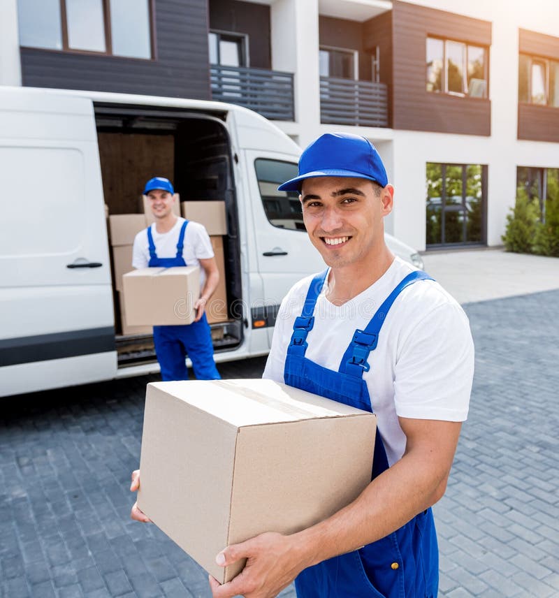 Two Removal Company Workers Unloading Boxes from Minibus Stock Image ...